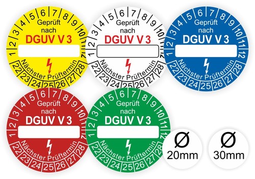 Plaketten DGUV V3 Prüfplaketten Wartungsetiketten Ø:20 oder 30mm Termin ...
