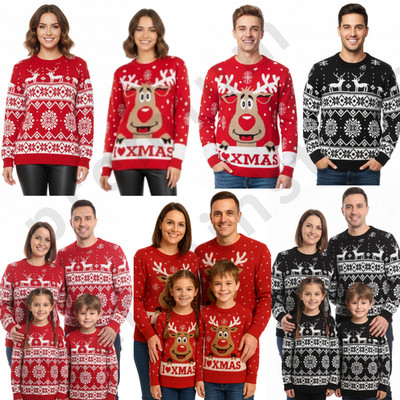 Christmas Jumpers Family Matching Reindeer Knit Unisex Sweaters Kids ...