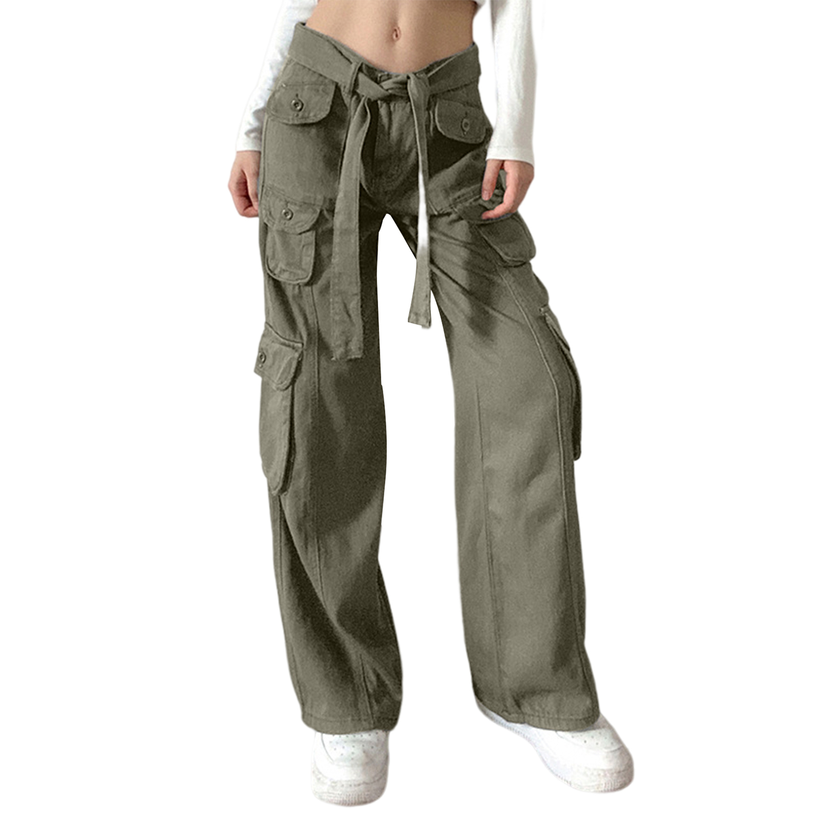 Fashion Women Loose Denim Cargo Pants Button Decor Retro Multi Pockets ...