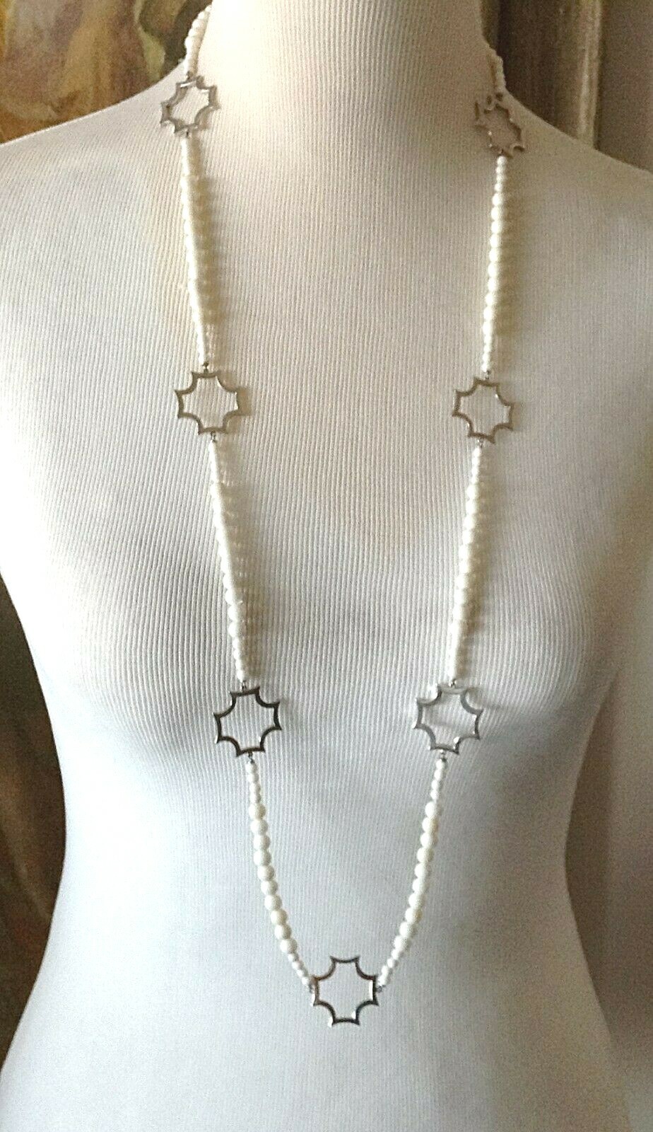 ELIZABETH SHOWERS White Bead Necklace w/ 7 Sterling Silver Maltese ...