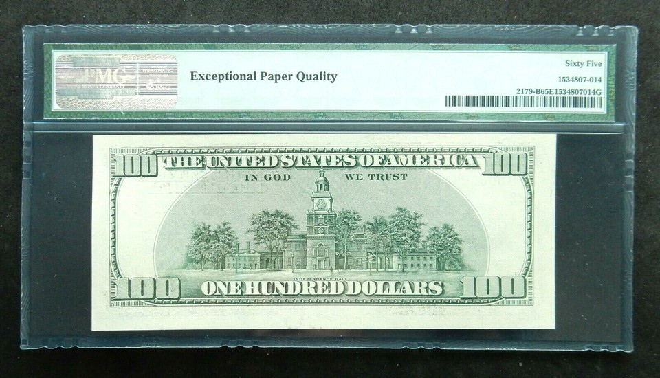 $100 2003 A, PMG 65. Very low serial 00000444. Binomial fancy, 4 ...