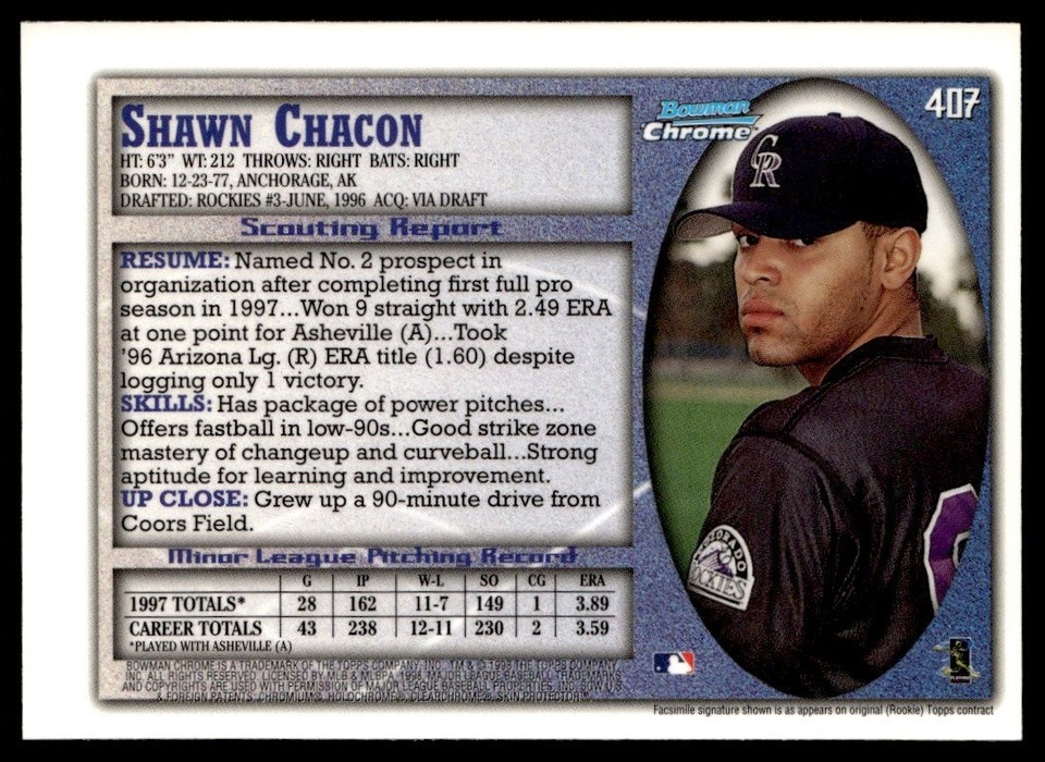 1998 Bowman Chrome Shawn Chacon Colorado Rockies #407 | eBay