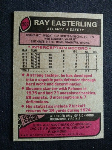 1977 Topps Football Card # 507 Ray Easterling - Atlanta Falcons | eBay