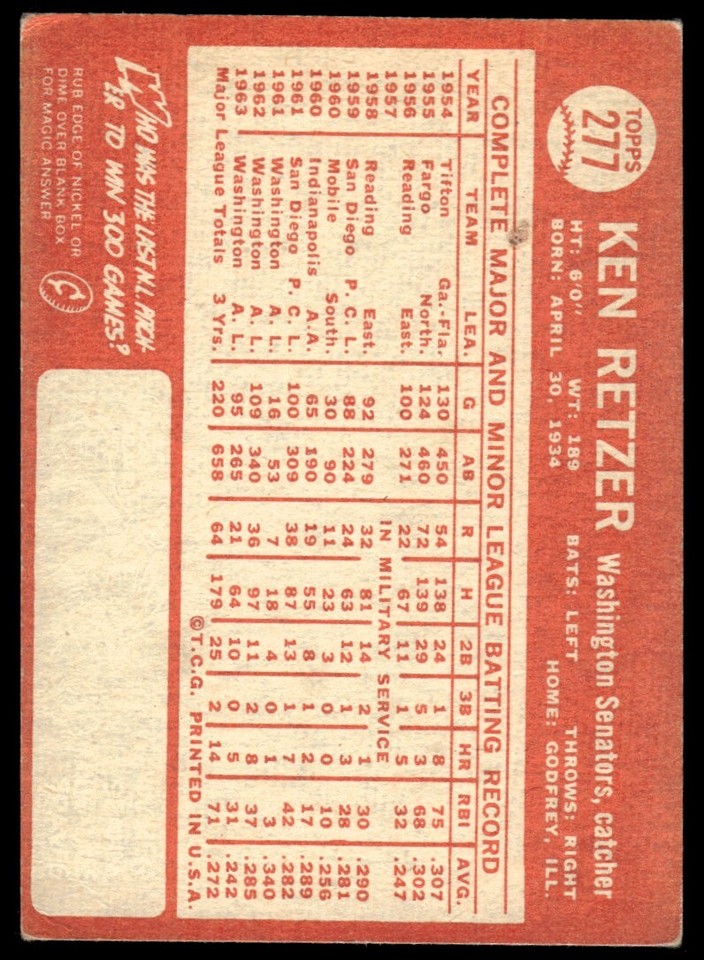 1964 Topps Ken Retzer Washington Senators #277 * | eBay