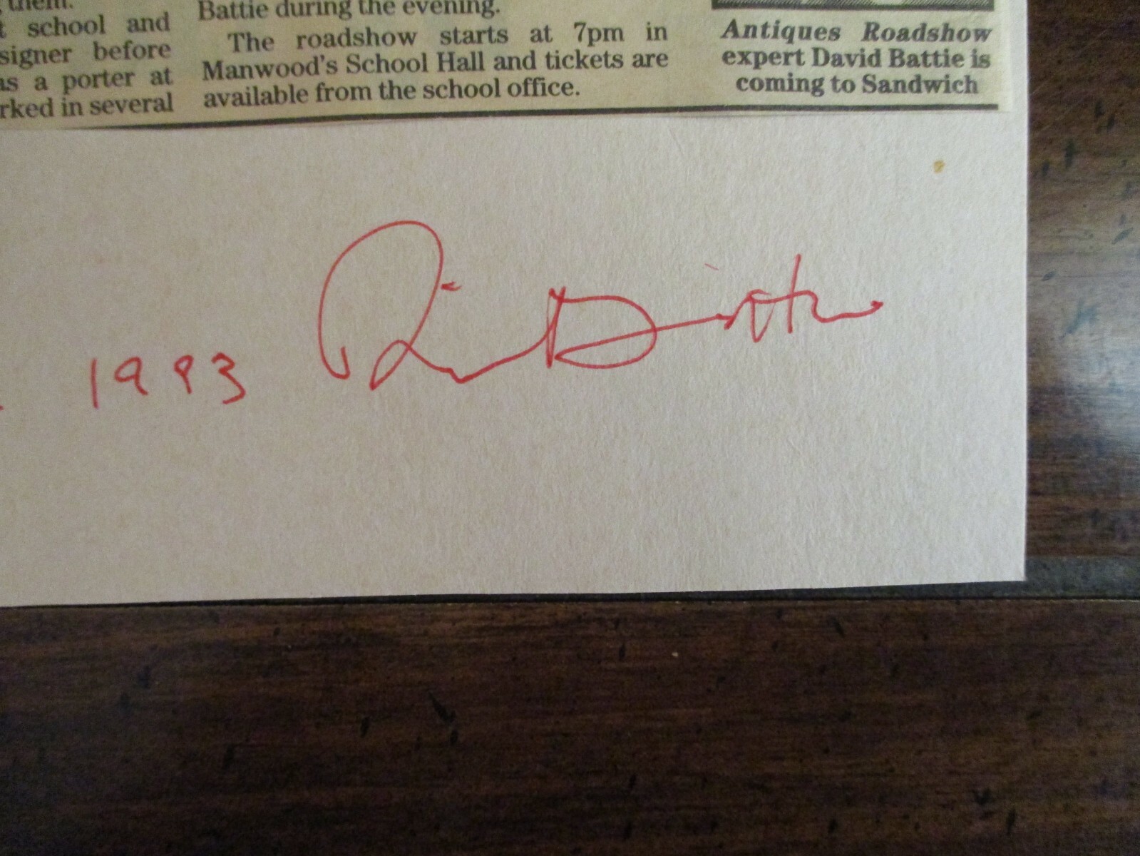 DAVID BATTIE ("Antiques Roadshow/Sothebys") Signed 4 x 6 Card w/Article ...