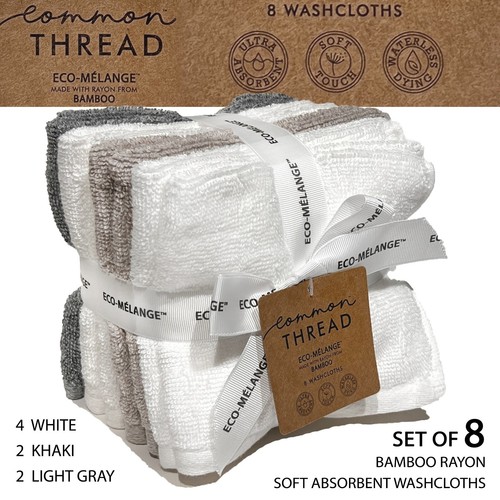 8-PK New Common Thread Eco-Melange Soft Bamboo Rayon Washcloths White ...