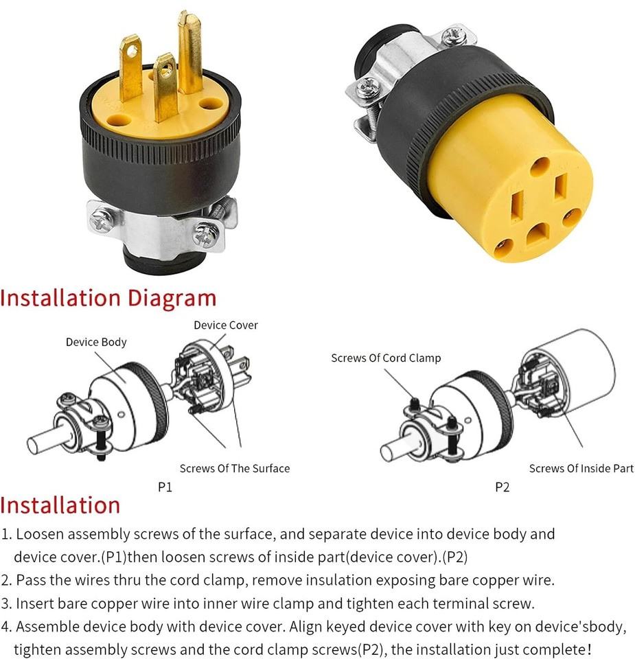 5-Pack Heavy Duty Electrical Plug Replacement End – 15A, 125V Grounded ...