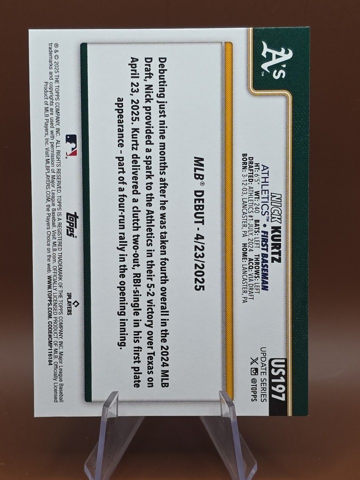 2025 Topps Update Series Rookie Debut Nick Kurtz #US197 (RC) | eBay