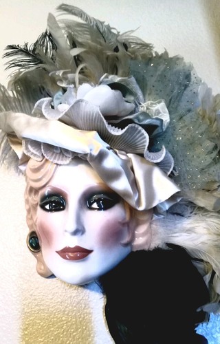 Vintage Art Deco Signed Porcelain Lady Face Wall Mask w/ Blue Feathers ...