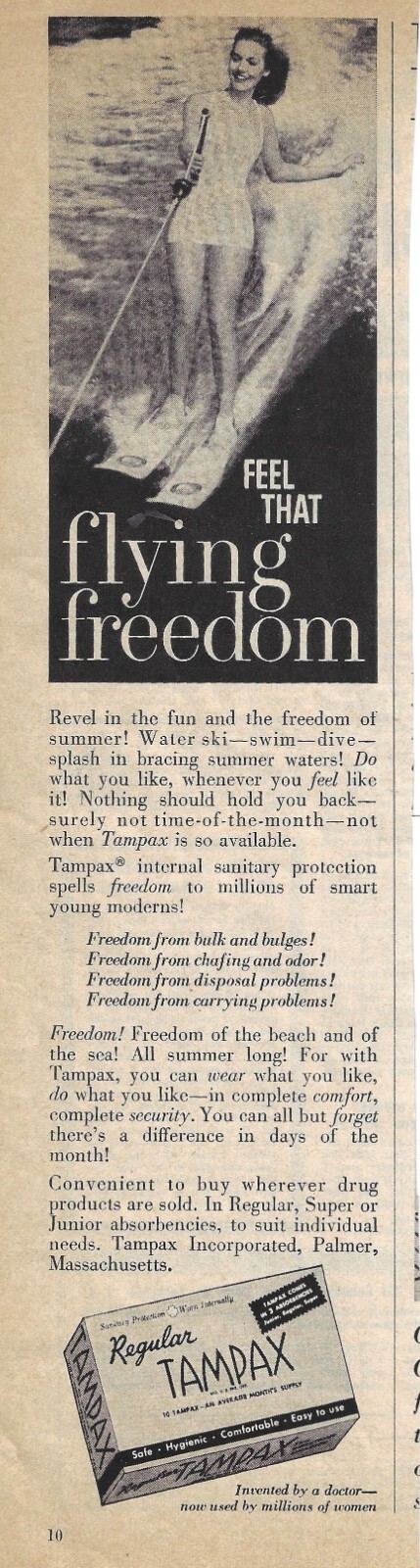 Tampax tampons flying freedom woman water skiing 1958 vintage print ad ...