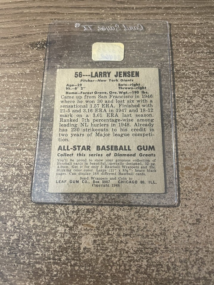 1948 LEAF Baseball Larry Jensen #56 Pitcher VG-EX Cond, Centered, | eBay