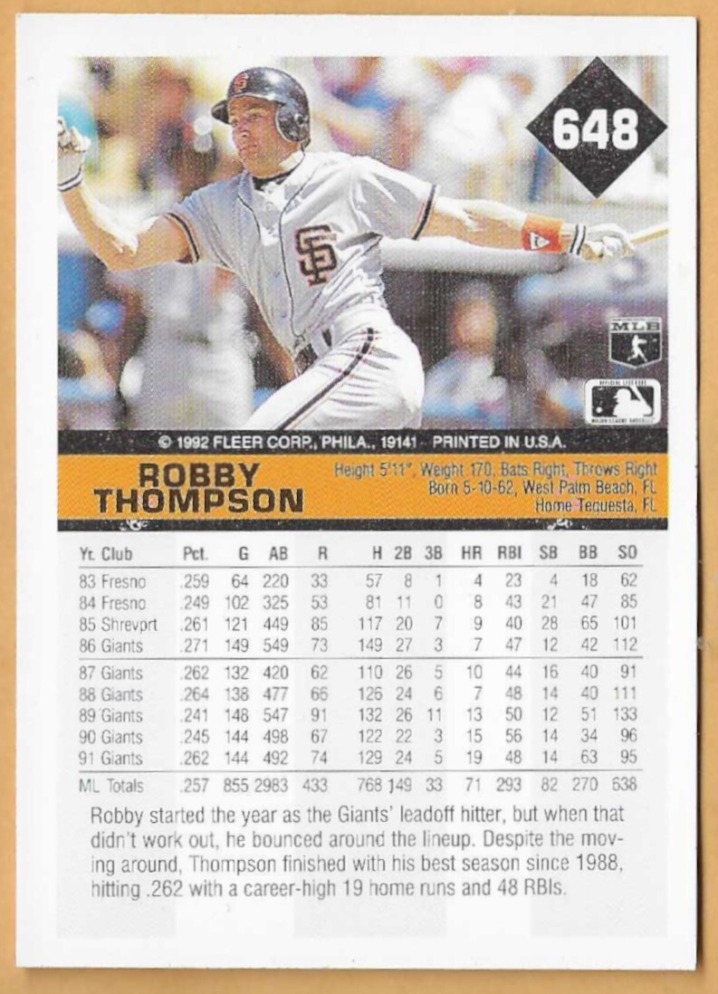 ROBBY THOMPSON SAN FRANCISCO GIANTS #648 - FLEER NM-MT 1992 | eBay