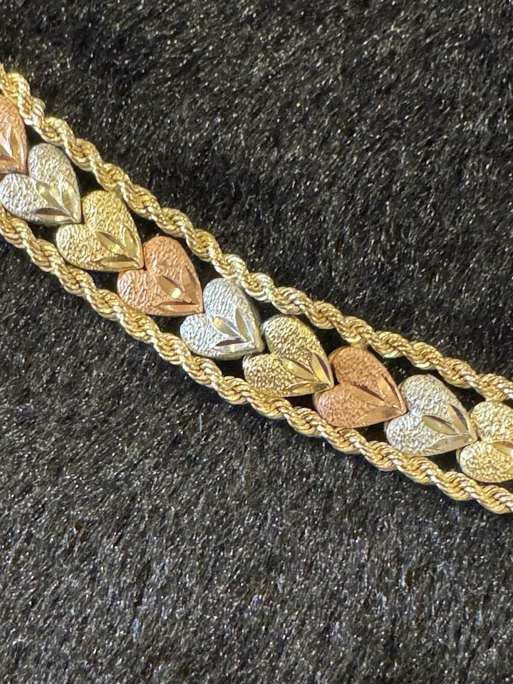 14K Tri-Color Heart Bracelet with Rope Trim - 15.7 Grams & Approx. 7 ...