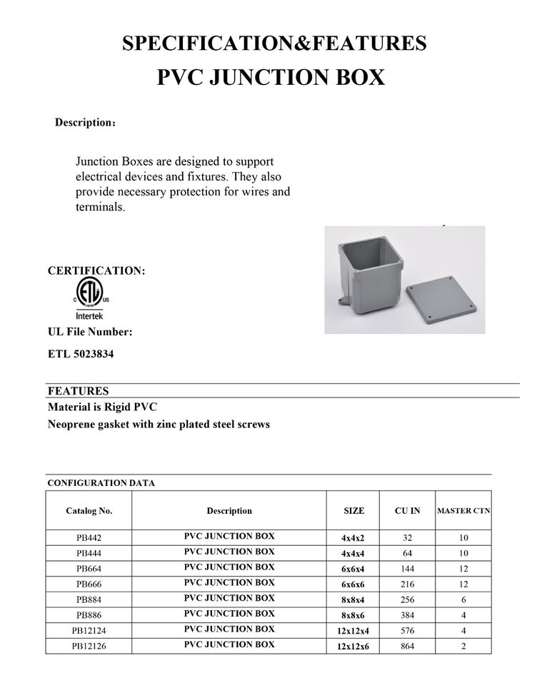 PVC Junction Box 4x4x2 ETL Electrical Wire Enclosure NEMA Rated Indoor ...