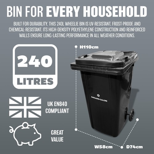 BLACK WHEELIE BIN 240L OUTDOOR INDUSTRIAL HOUSEHOLD COUNCIL SIZE BINS ...