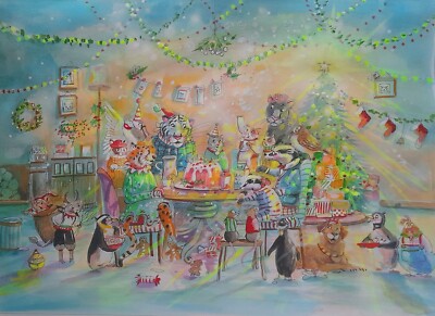 Kay Dawson WATERCOLORS A3 'Family dinner party.... | eBay UK