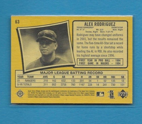 2002 Upper Deck Vintage Alex Rodriguez Card, Texas Rangers #63 | eBay