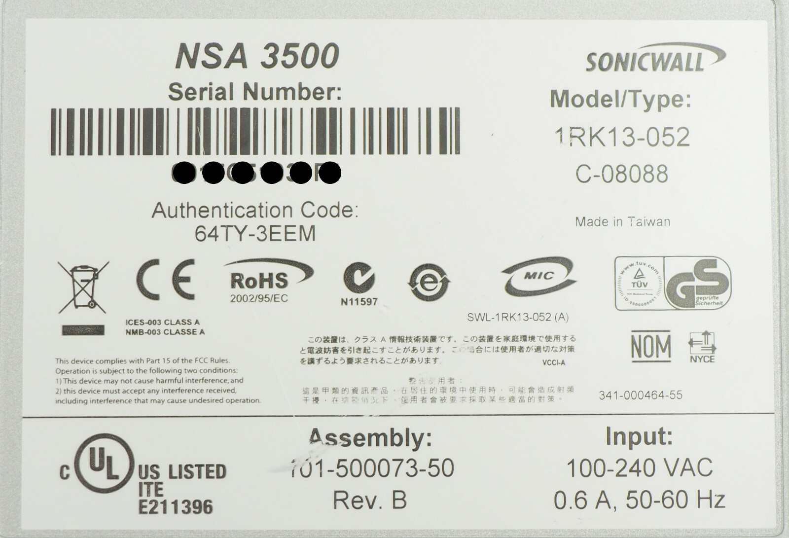 SonicWall Security Appliance NSA 3500 1RK13-052 C-08088 101-500073-50 ...
