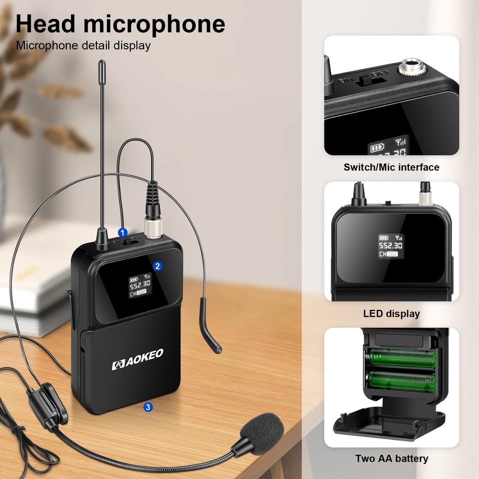 Wireless Microphone System,Metal Wireless Mic Set with Bodypack/Headset ...