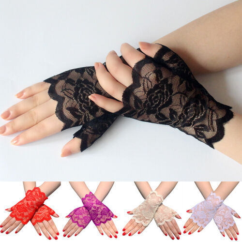 Fancy Lace Short Fingerless Ladies Gloves Mittens Mesh Sheer Dress ...