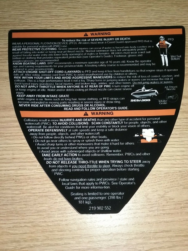 SEADOO WARNING LABEL DECAL GTI LE RFI RXP 155 255 INJURY DECALS STICKER ...