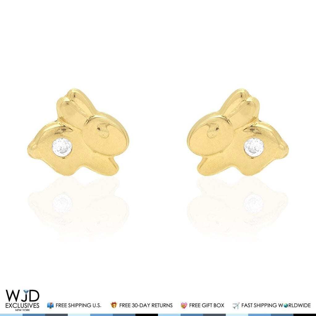 14K Yellow Gold White Zircon Rabbit Baby Screw Back Stud Kid Earrings ...