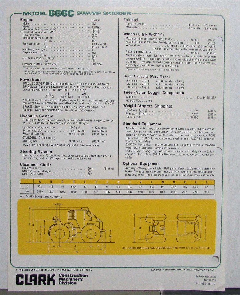 Clark 666C Cable Swamp Skidder Carrier Diagrams Specs Construction ...