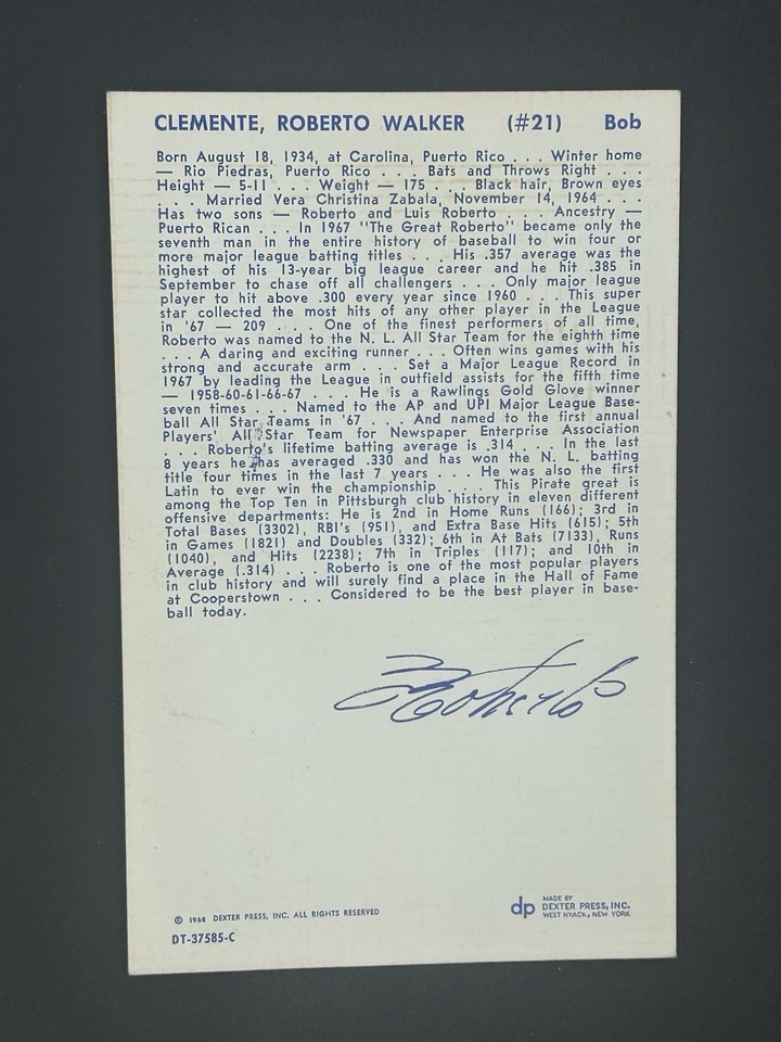 1968 DEXTER PRESS COLOR POSTCARD ROBERTO CLEMENTE PITTSBURGH PIRATES | eBay