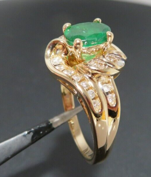 14K YG LADIES NATURAL EMERALD & DIAMOND ENGAGEMENT RING SZ 7 5.22 gram ...