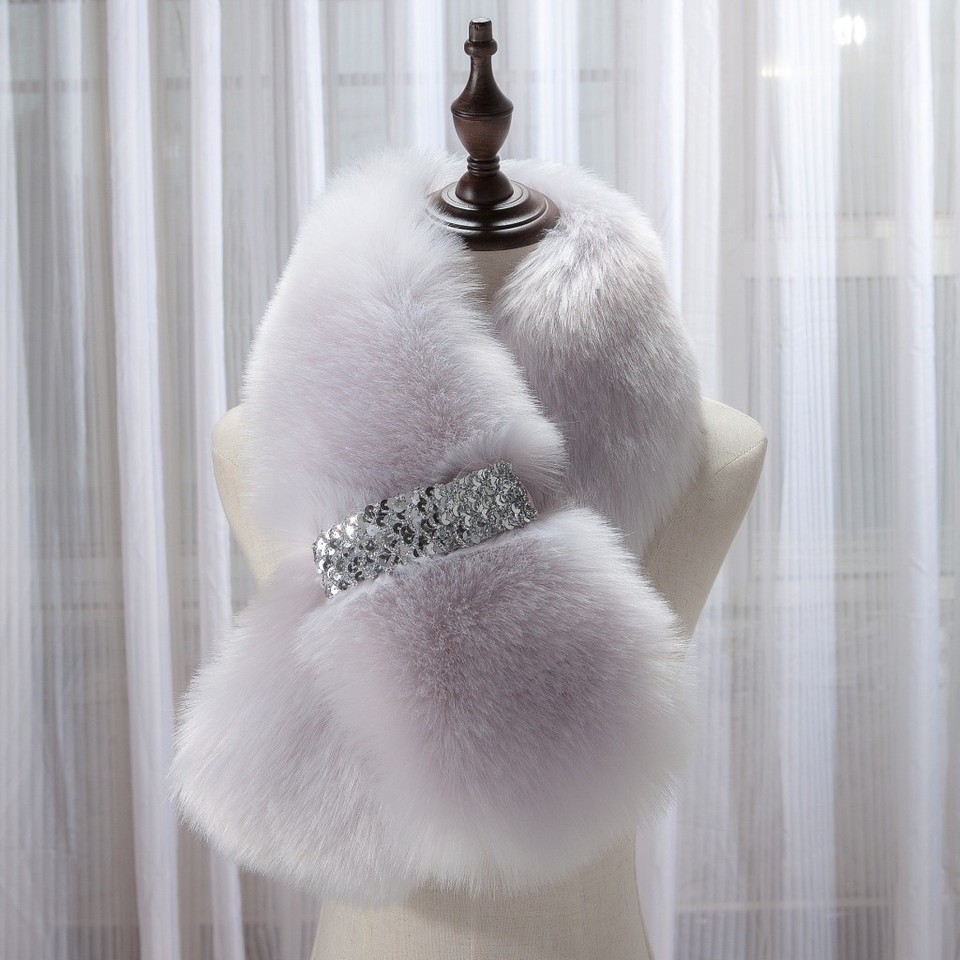 Women Faux Fur Collar Scarf Fluffy Shawl Wrap Stole Neck Thermal Black ...