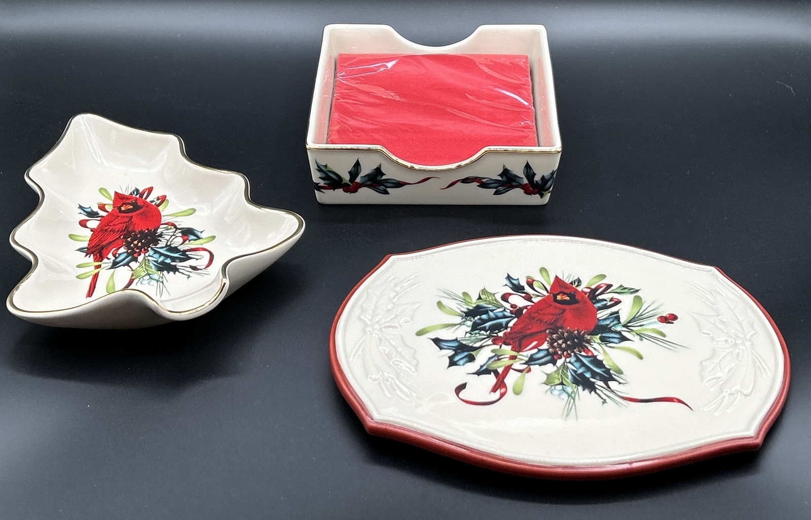 Lenox Winter Greetings Cardinal, Holly, Napkin Holder, Trivet & Tree ...