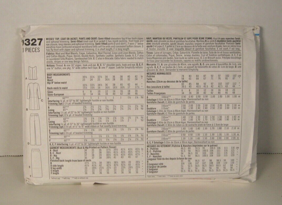 Simplicity Easy Chic 9327 Top, Coat /Jacket, Pants & Skirt Misses' 14 ...