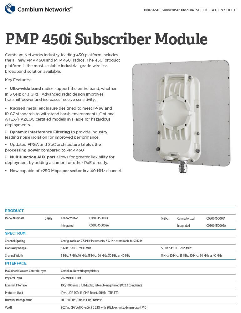 Cambium Networks 5 GHz PMP 450i Connectorized Subscriber Module for ...