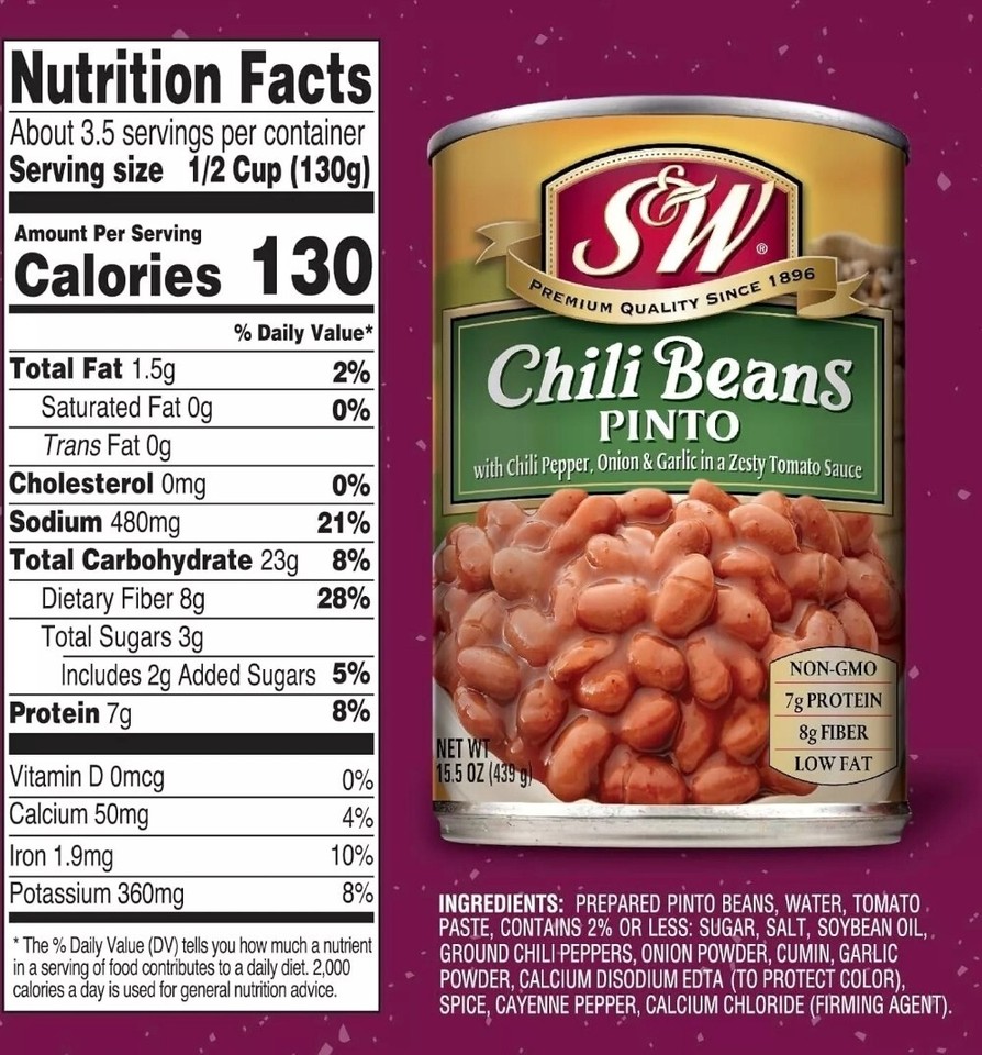 S&W Canned Chili Beans, Pinto Beans, Vegan Low Fat. 15.5 Oz (12 Cans ...