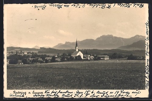 Ansichtskarte Riedering a. Simssee, Ortsansicht mit Berglandschaft 1938 ...