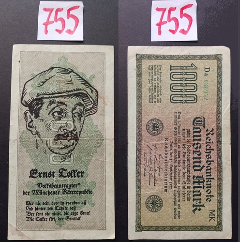 A755 = One Germany banknote 1000 mark 1922, devalued by a political overprint | eBay