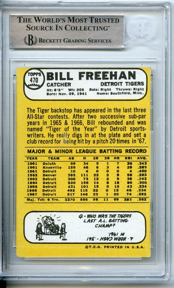 BECKETT BAS SIGNED 1968 TOPPS #470 BILL FREEHAN 1968 DETROIT TIGERS ...