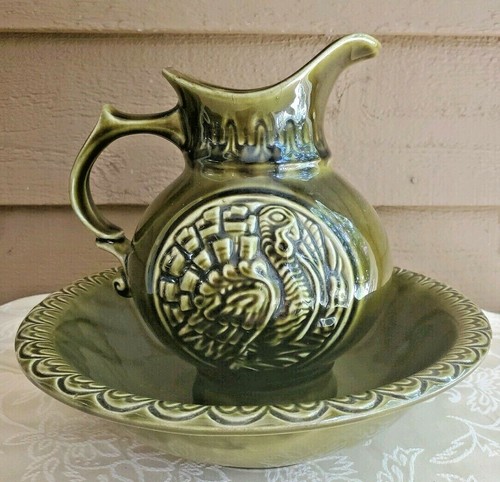 Vintage MCP 1968 USA McCoy Pottery Green Turkey Pitcher & Bowl Set 7516 ...