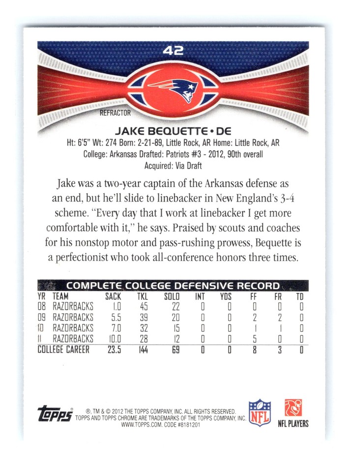 2012 Topps Chrome Football #42 Jake Bequette Refractors New England ...