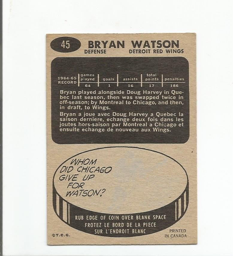 1965-66 BRYAN WATSON TOPPS HOCKEY CARD #45 ROOKIE "NICE GRADE CARD" | eBay