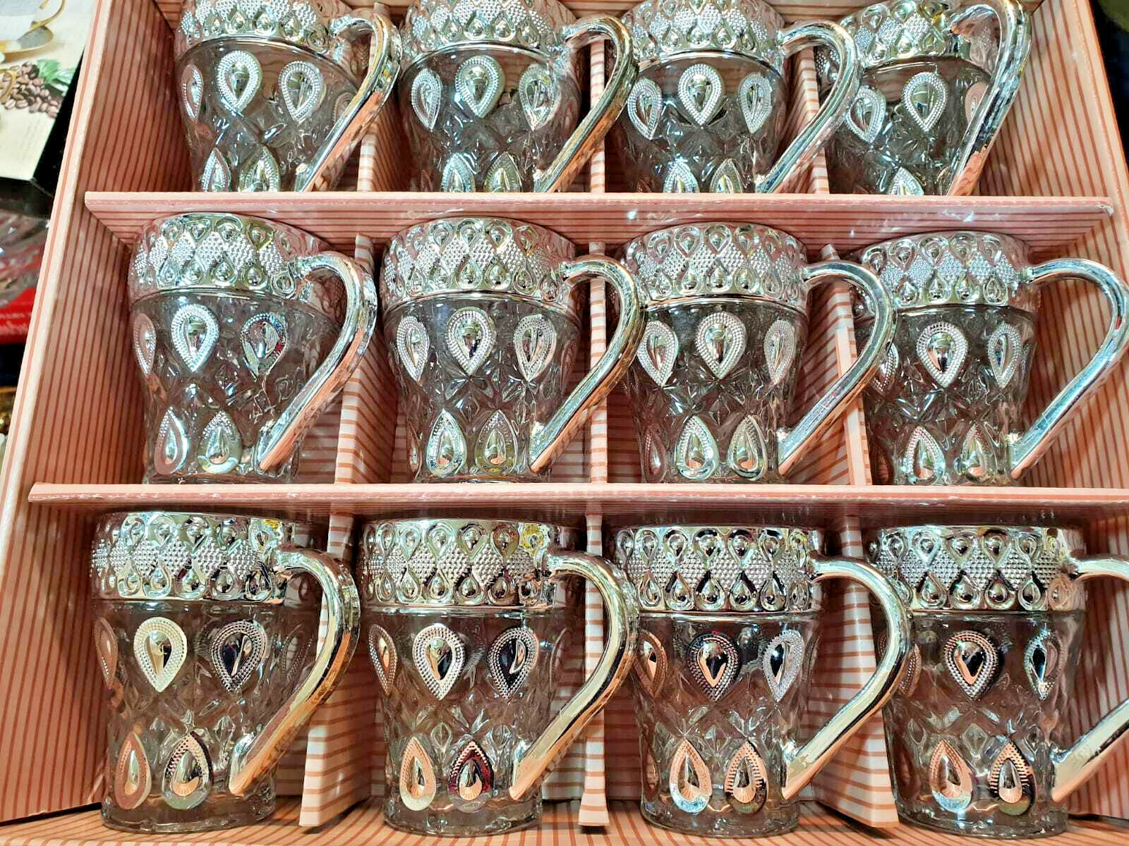 Turkish Arabic Tea Coffee Designer Glass Set of 12 Glass Cups Silver ...