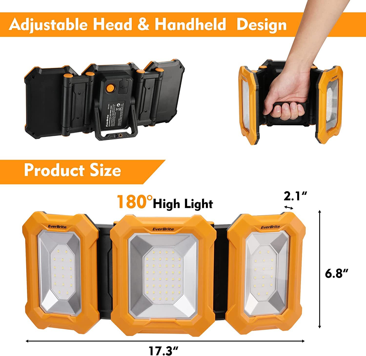 EverBrite LED Rechargeable Work Light 3000LM Folding Portable 7800mAh ...