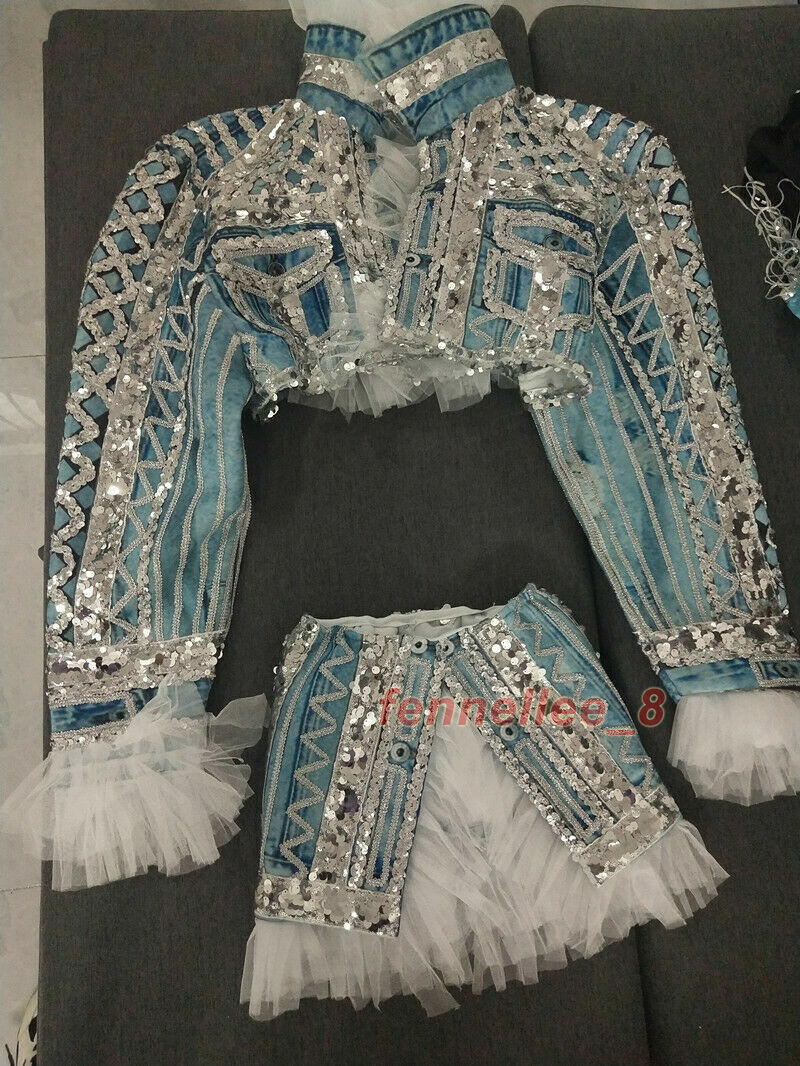 Women Sequin Denim Jacket Lace Trim Jeans Coat Mini Skirt Set Party ...