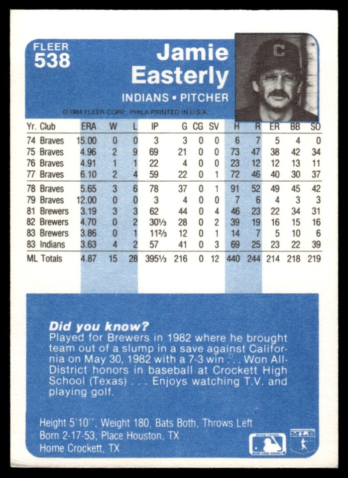 1984 Fleer Jamie Easterly Baseball Card Cleveland Indians #538 | eBay