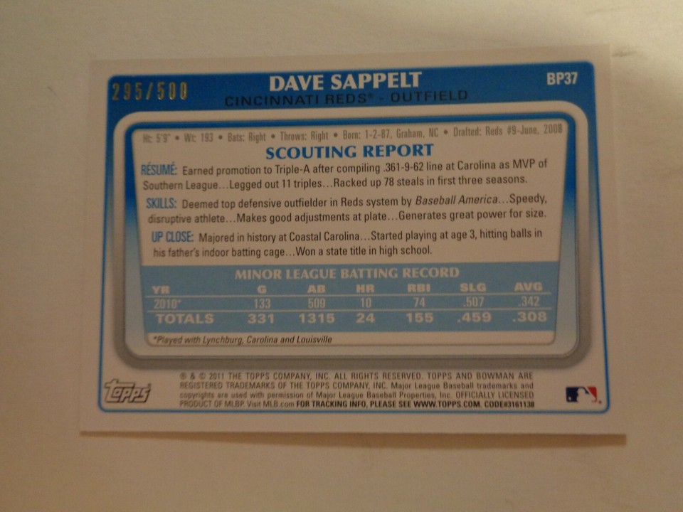 2011 Topps Bowman Dave Sappelt Card #BP37 Serial #295/500 | eBay