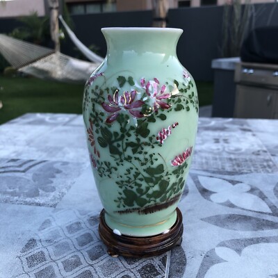 Fine Antique Japanese Seto Green Celadon Porcelain Vase Flowers Art ...