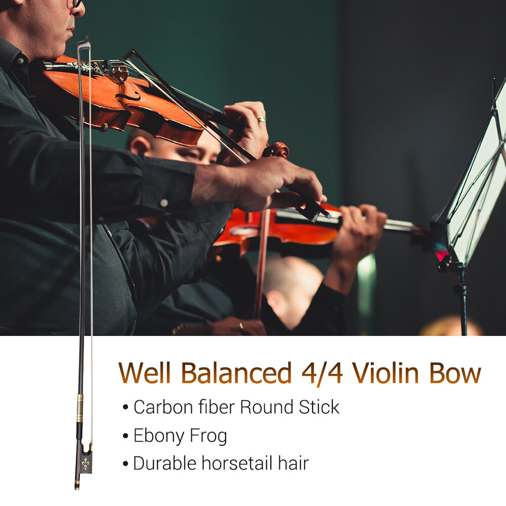 4/4 Violin Fiddle Bow Carbon Fiber Round Stick Ebony Horsetail Hair ...