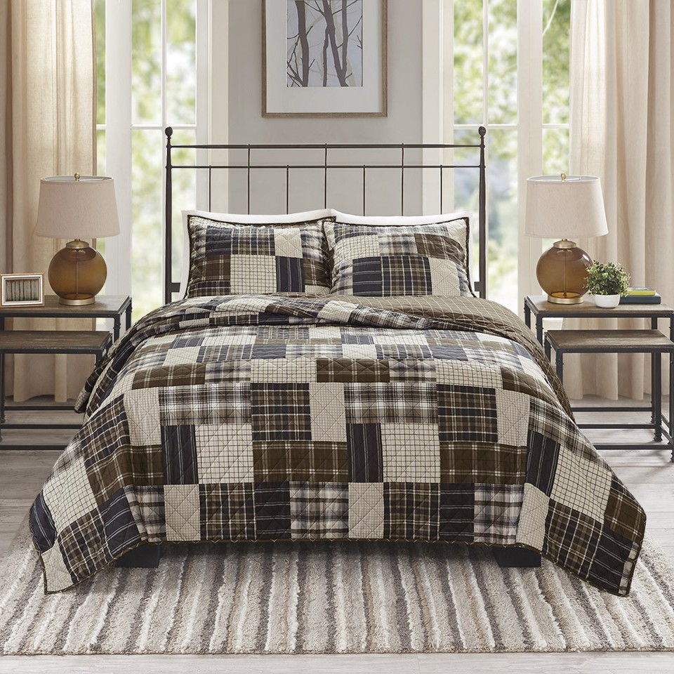 BEAUTIFUL COZY PLAID BROWN GREY BLACK RUSTIC BEIGE LOG CABIN LODGE ...