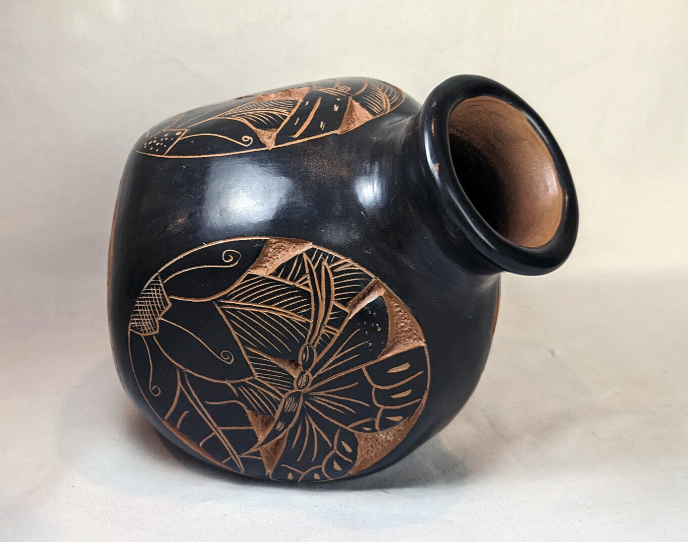 Nicaraguan folk art etched clay pottery square brown cube native ...