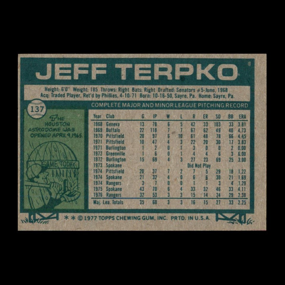 Jeff Terpko 1977 Topps Rookie Texas Rangers #137 Set Break NICE! | eBay
